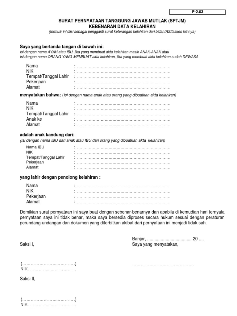 Formulir F2.03 SPTJM Kelahiran | PDF