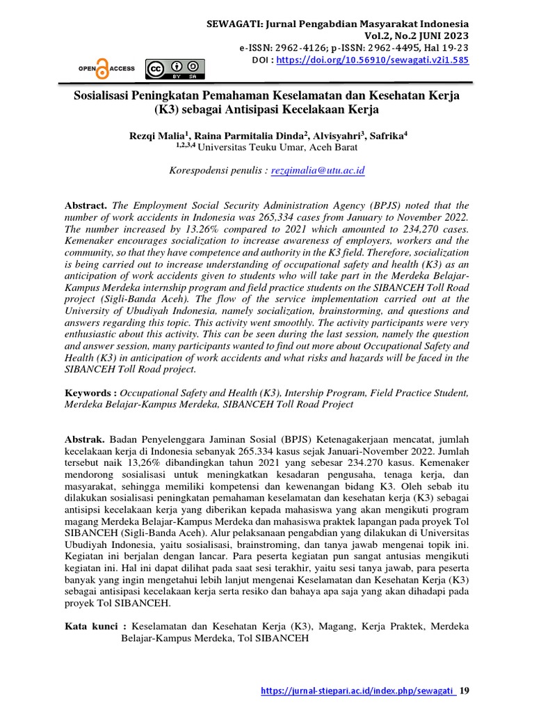 SEWAGATI Vol 2 No 2 JUNI 2023 Hal 19-23 | PDF | Occupational Safety And Health | Risk