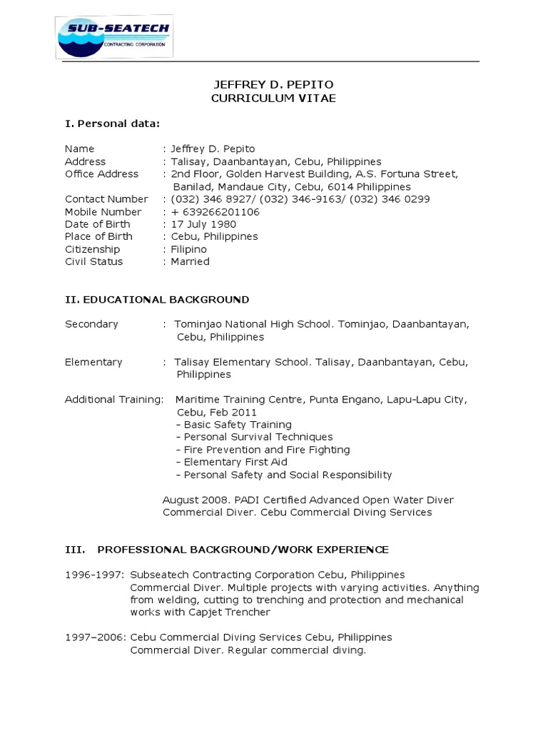 CV Jeffrey D. Pepito | PDF | Underwater Diving | Swimming