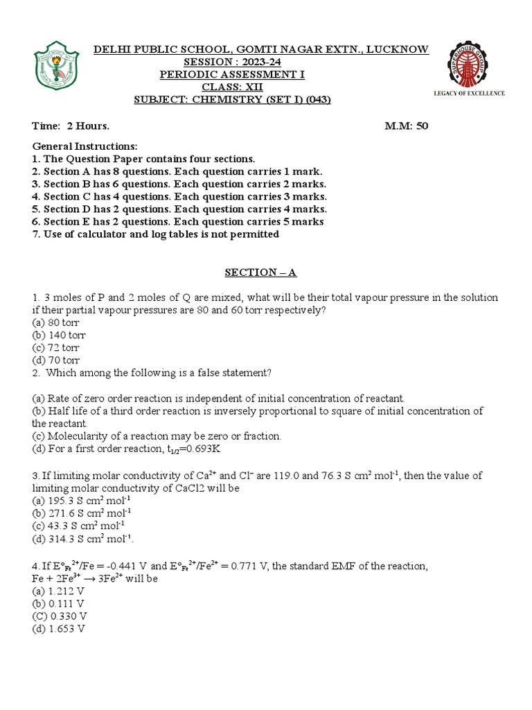 QP PA1 Chemistry SET 1docx | PDF | Applied And Interdisciplinary Physics | Physical Quantities