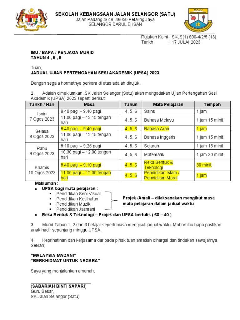 Surat Dan Jadual Upsa 2023 | PDF