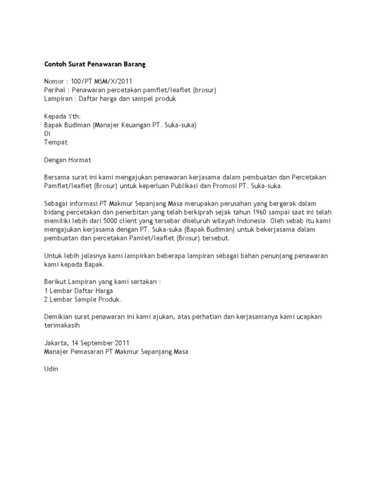 Contoh Surat Penawaran Barang | PDF