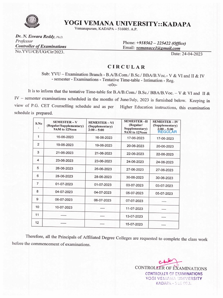 Ug II, IV, V & Vi Sem Tentative Time Table April-23 | PDF | Academic ...