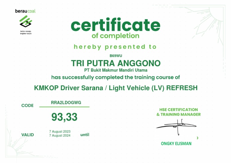 Sertifikat KMKOP Driver Light Vehicle LV 2021 | PDF | Computers