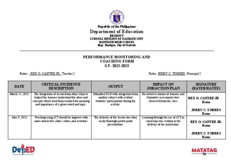Performance Monitoring Form Sy 2022 2023 Rex Opcrf | PDF