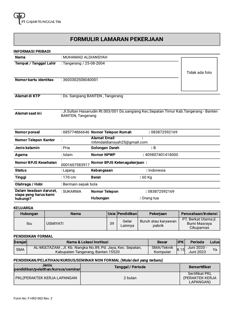 Formulir Lamaran Gajah Tunggal Tbk | PDF