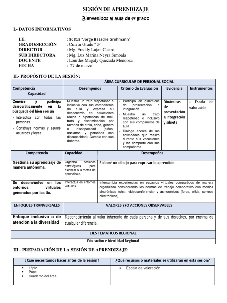 Sesión de Aprendizaje - P Social 1 | PDF | Aprendizaje | Salón de clases Sesión de Aprendizaje - P Social 1 | PDF | Aprendizaje | Salón de clases