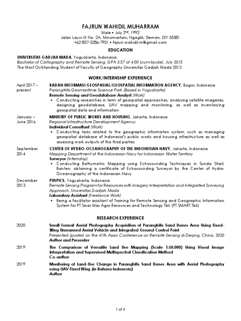Geospatial Analyst Resume of Fajrun Wahidil | PDF | Indonesia ...