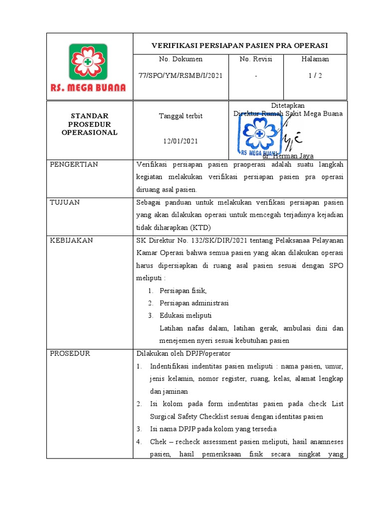 Spo Verifikasi Persiapan Pra Operasi | PDF | Sains & Matematika