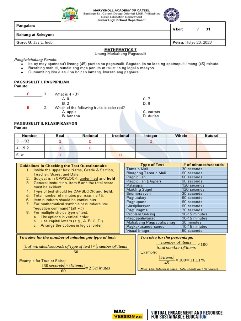 Tagalog Mathematics Test Questionnaire | PDF | Numbers | Mathematical ...