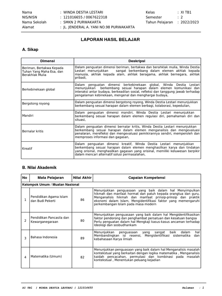 Rapor - Winda Destia Lestari | PDF