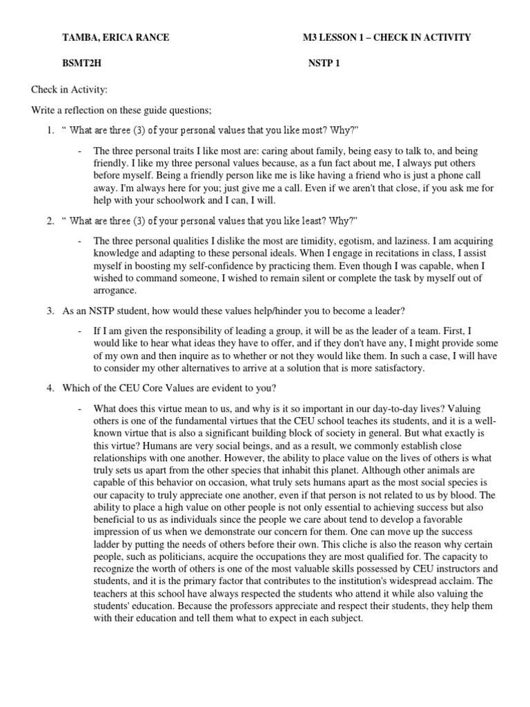 M3 - Lesson 1 - Check in Activity - NSTP | Download Free PDF | Teachers | Human