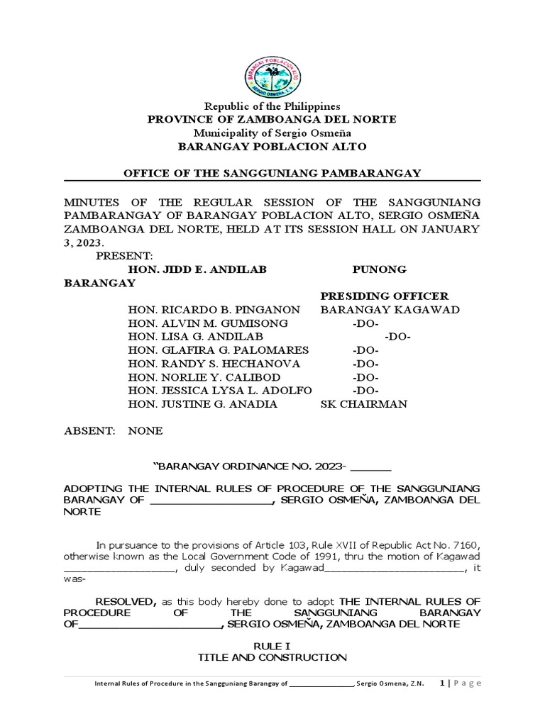 INTERNAL RULES OF PROCEDURE - BARANGAY | PDF