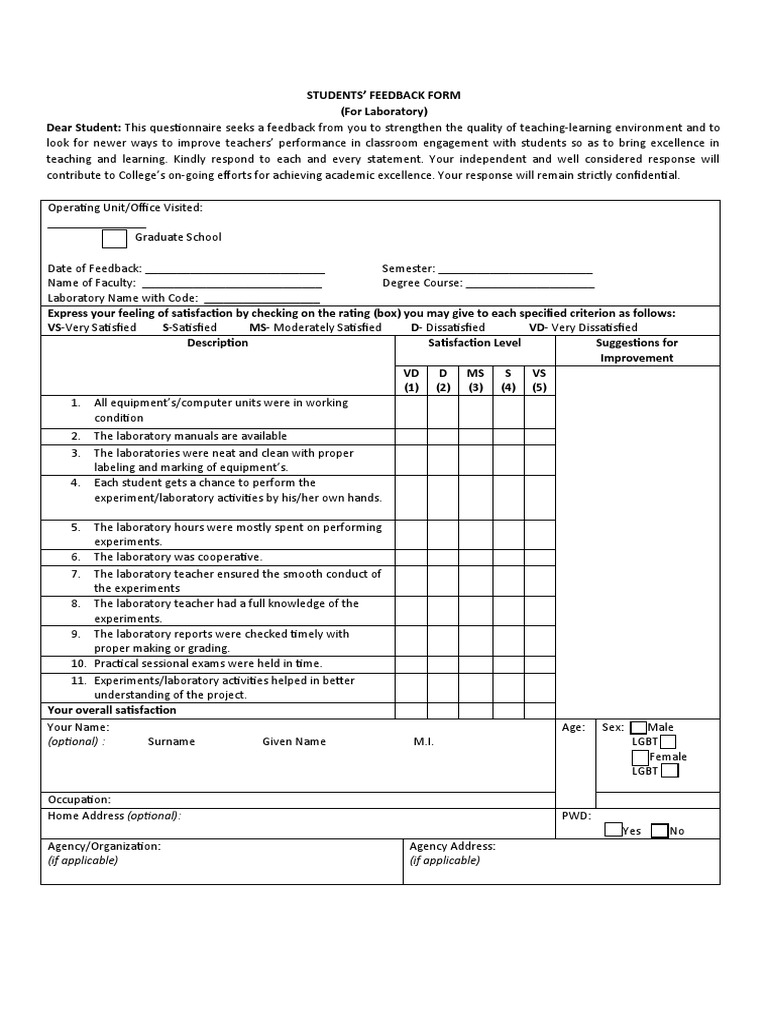 Students Feedback Form Laboratory | PDF | Teachers | Laboratories