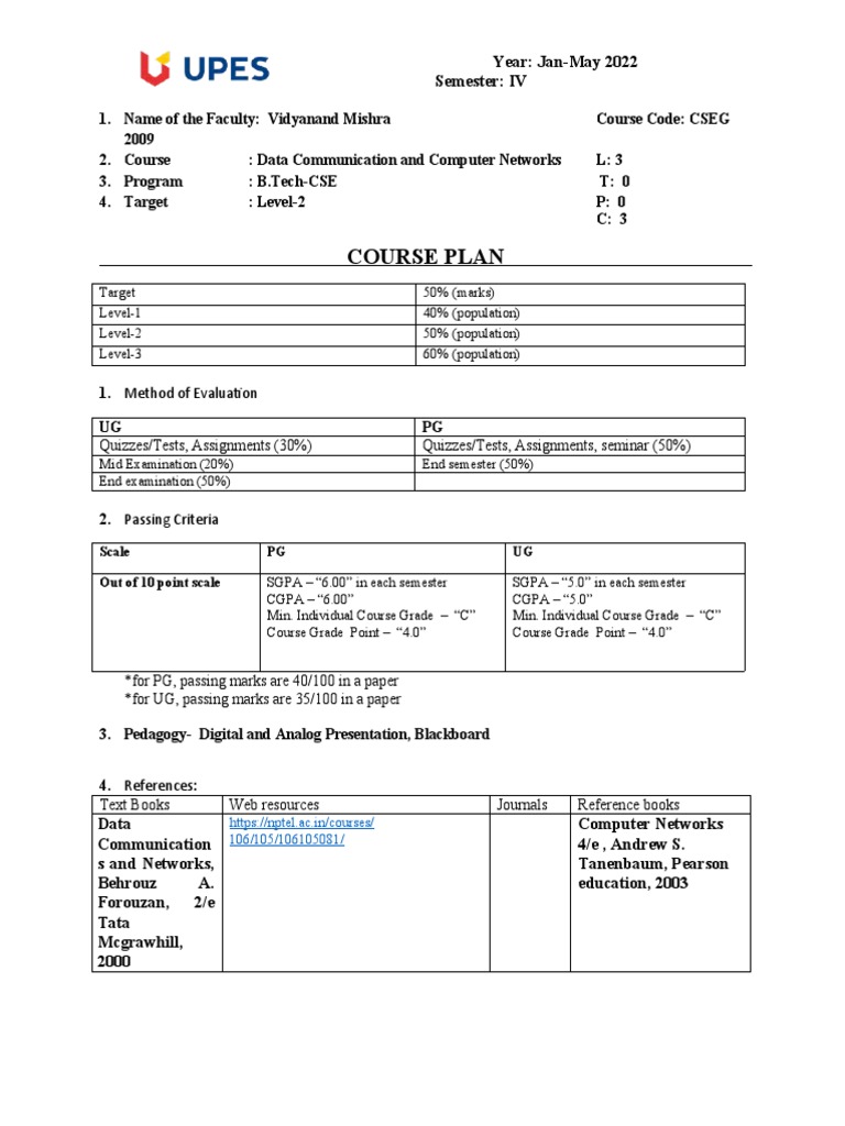 DCN Course Plan - CSEG 2009 - Updated | PDF | Computer Network | Engineering