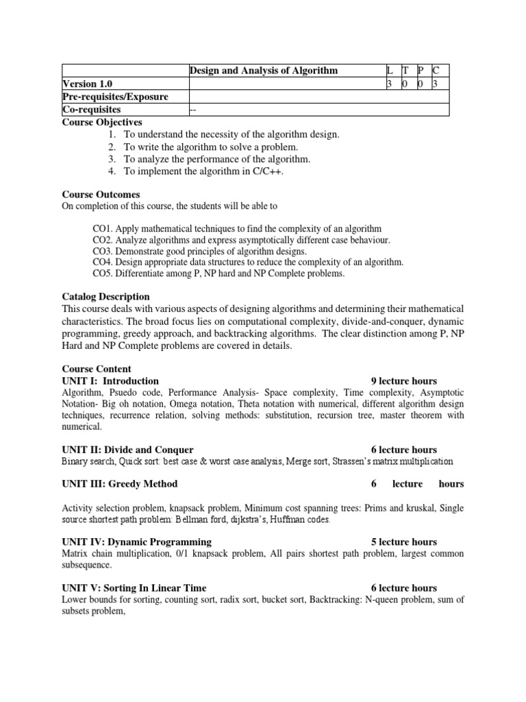 Course Plan Design and Analysis of Algorithm | PDF | Computational Complexity Theory | Theory Of ...