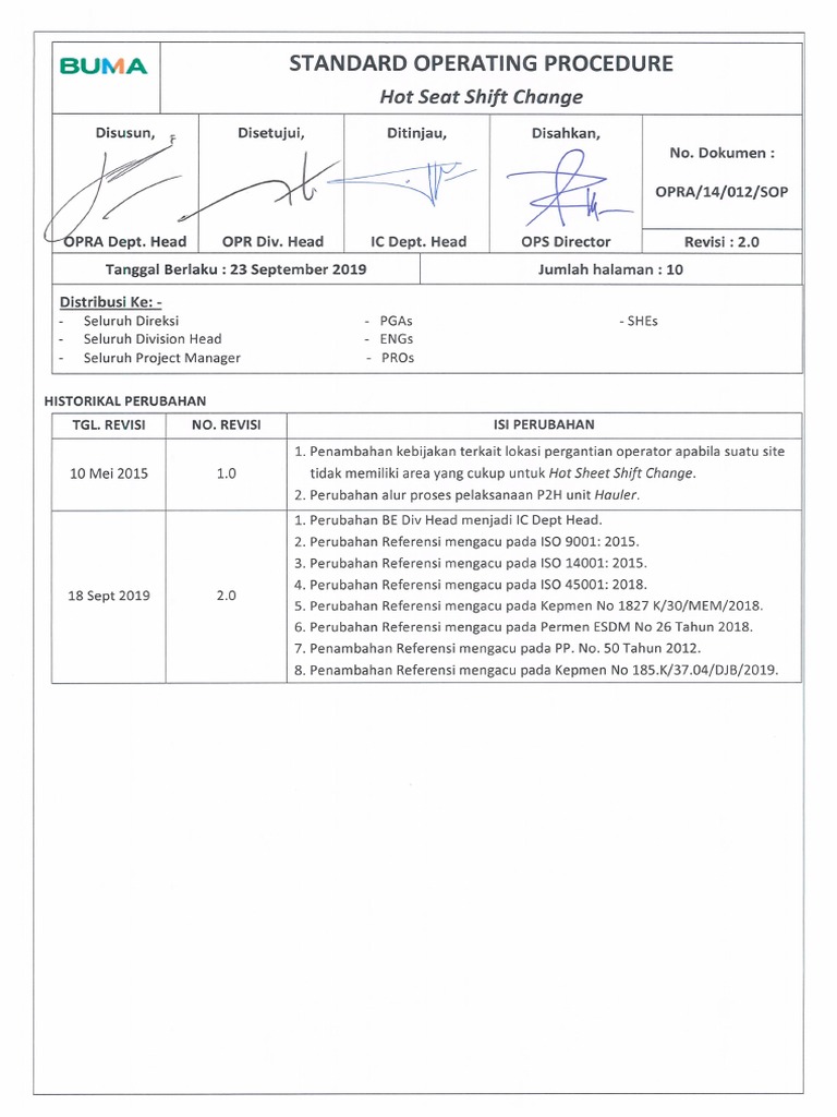 SOP - 14 - 012 - OPRA Rev.2.0 - Hot Seat Shift Change | PDF