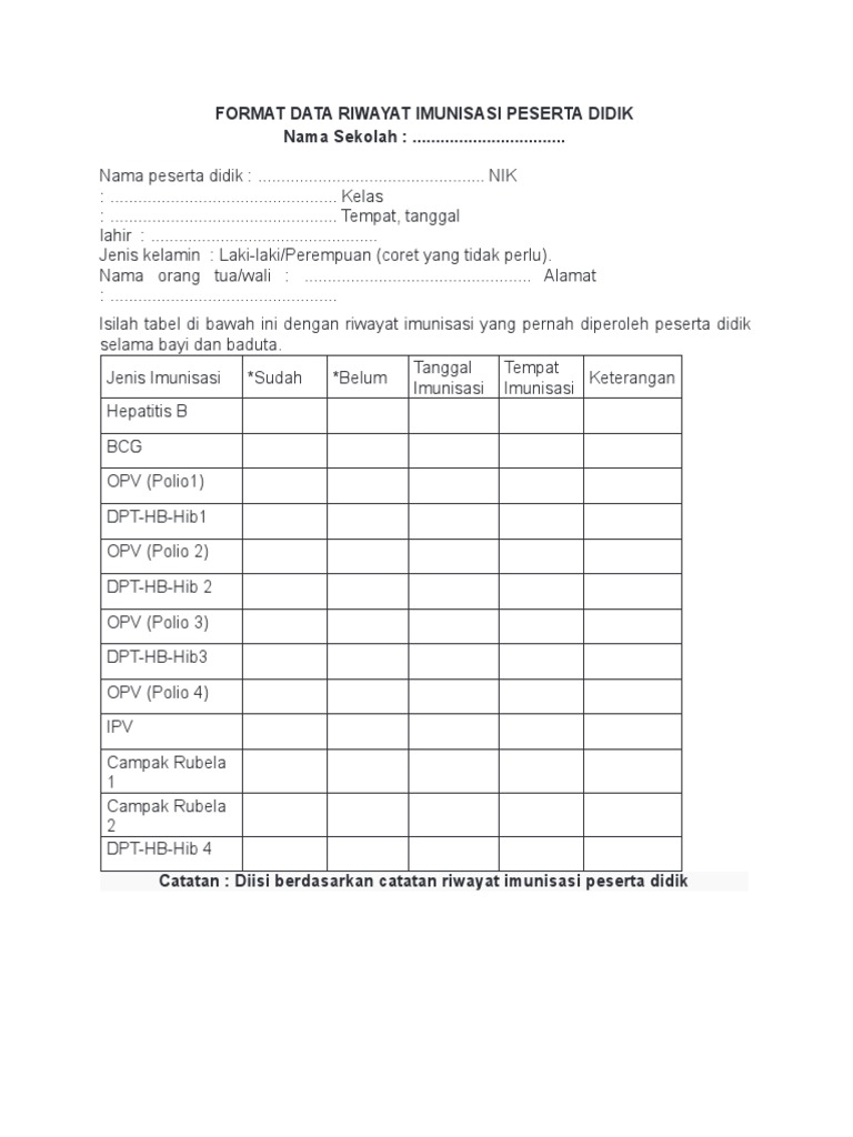 Format Data Riwayat Imunisasi Peserta Didik | PDF