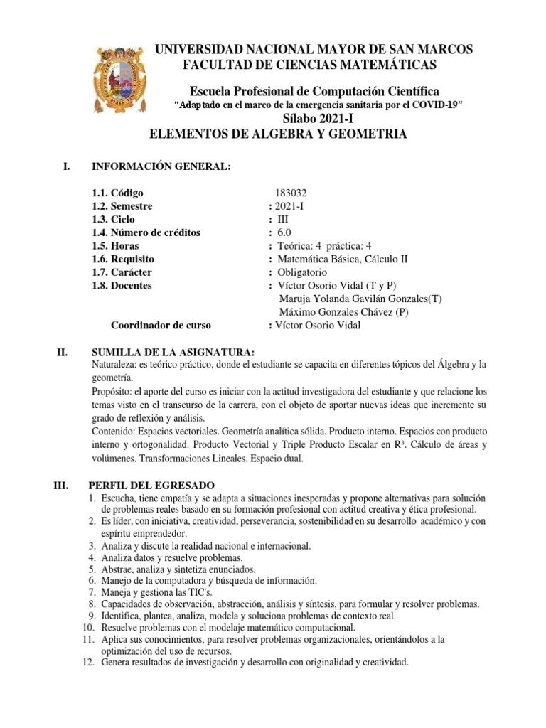 Silabo Elementos de Algebra y Geomt - Plan Estudios 18-25-05-21 | PDF