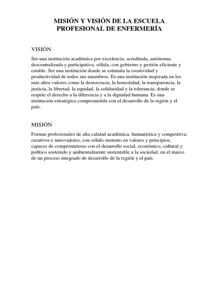 MISIÓN Y VISIÓN DE LA ESCUELA PROFESIONAL DE ENFERMERÍA | PDF