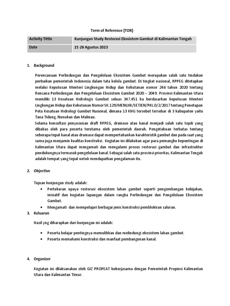 ToR Studi Visit Central Kalimantan - Ind | PDF