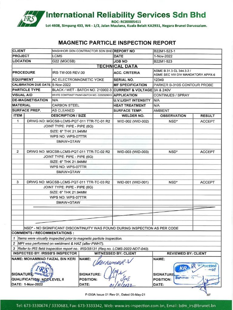 Magnetic Particle Report - PQT-011-TTR-R2 | PDF
