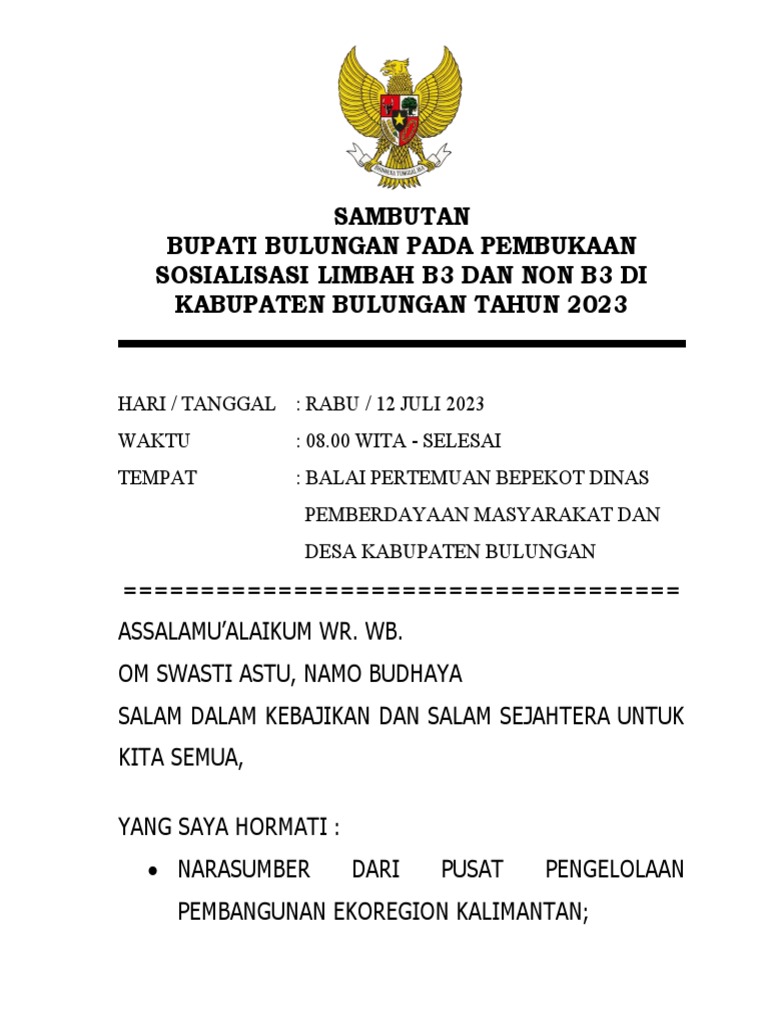 Sambutan Bupati Sosialisasi Limbah B3 2023 | PDF