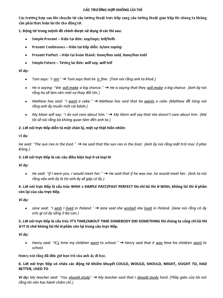 CÁC TRƯ NG H P KHÔNG LÙI THÌ Trong Reported Speech | PDF