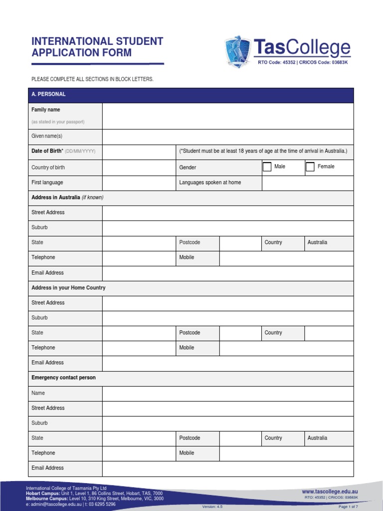 TasCollege International Student Enrolment Application Form V4.5 | PDF
