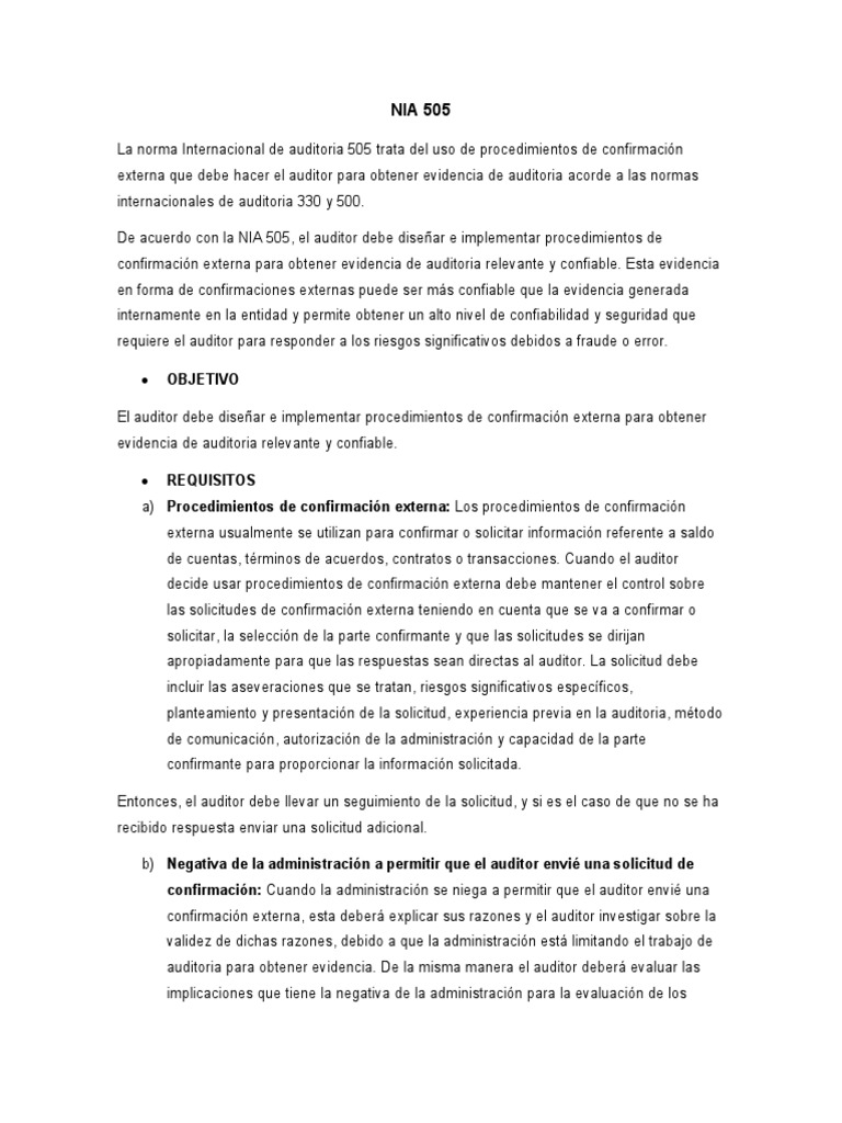 Nia 505 | PDF | Auditoría | Contralor