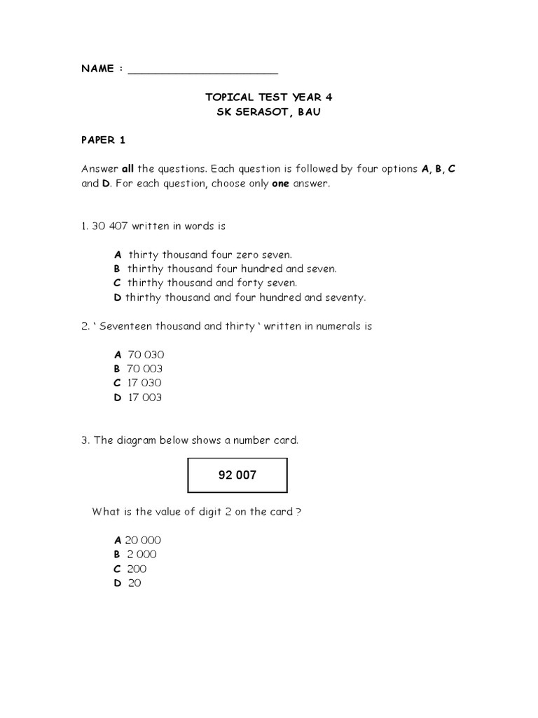 Topikal Test Tahun 4 Pdf Mathematics