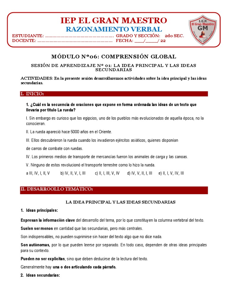 La Idea Principal y Las Ideas Secundarias 2do Sec GM | PDF | Agua