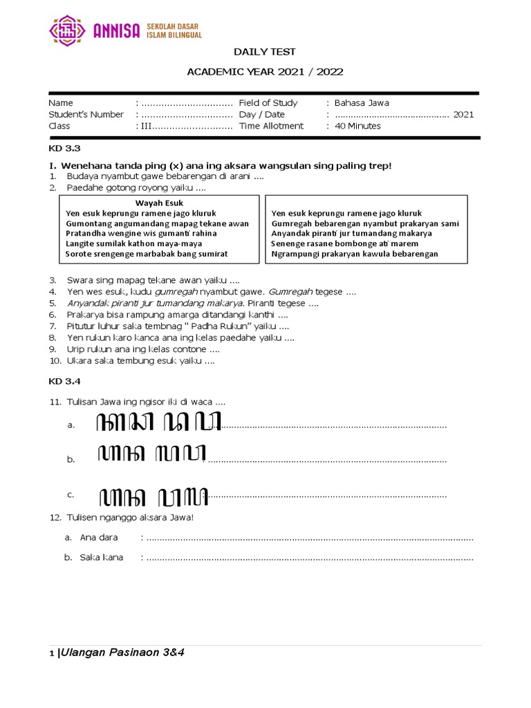 Uh Bahasa Jawa Pasinaon 3 & 4 | PDF | Karier & Perkembangan