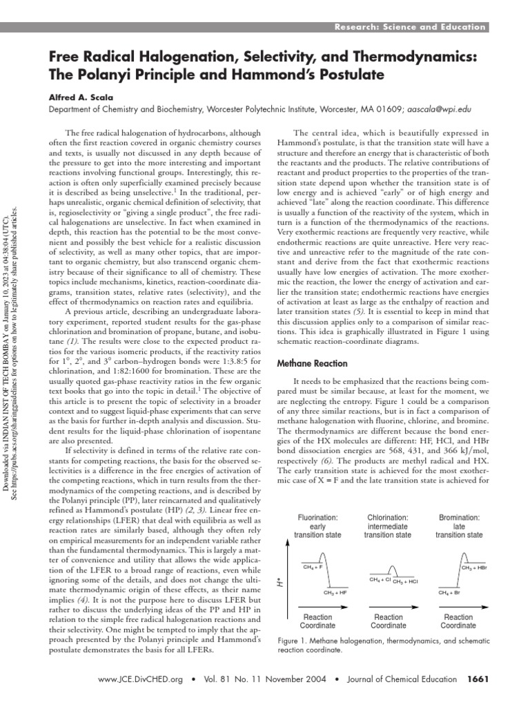 Halogenation Selectivity and Thermodynamics | PDF | Chemical Reactions ...
