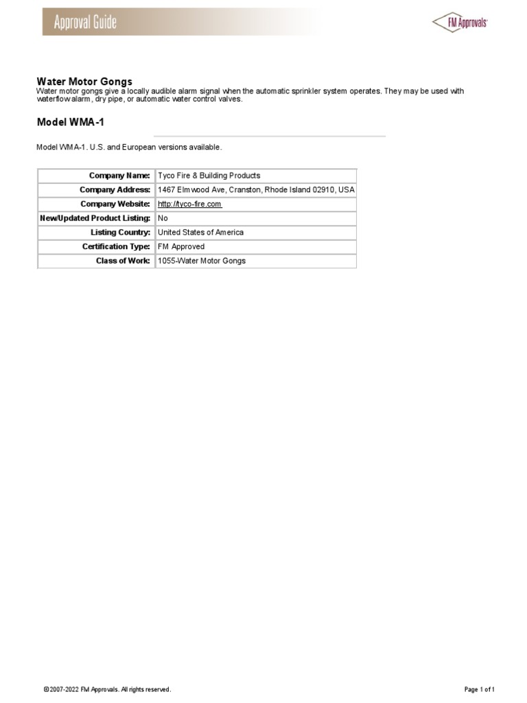 Tyco WMA-1 Water Motor Gong Details | PDF
