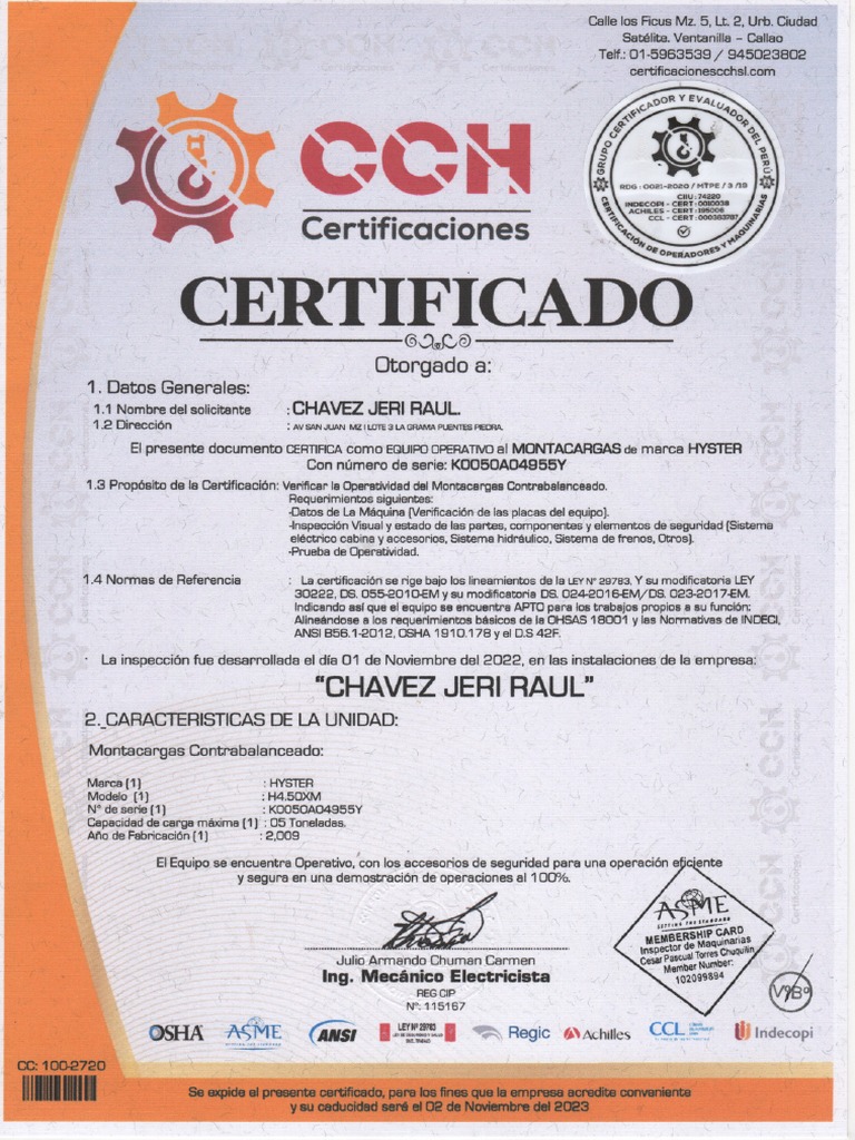 Certificacion de Equipo | PDF