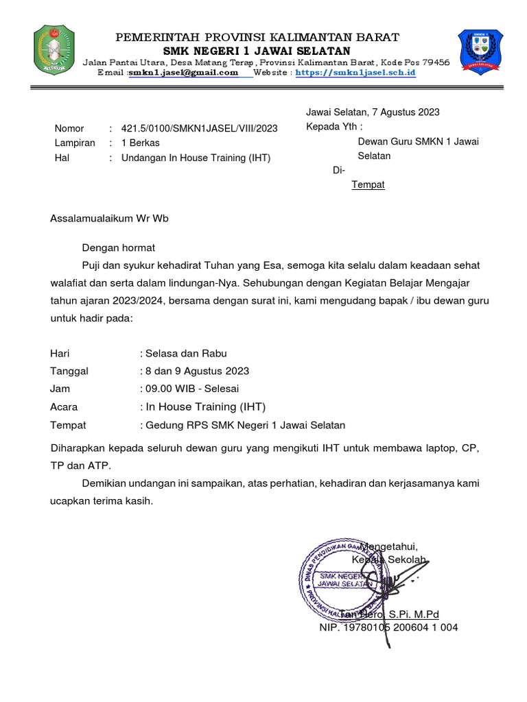 Undangan In House Training SMKN 1 Jawai | PDF
