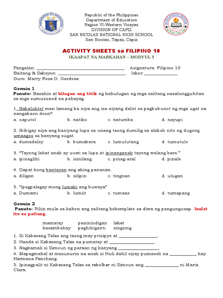 Activity Sheets Sa Filipino 10: Ikaapat Na Markahan - Modyul 3 | PDF