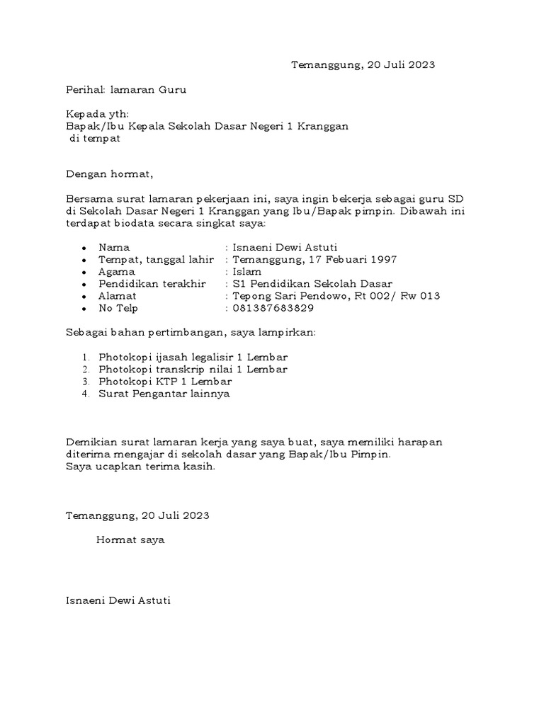 Contoh Surat Lamaran Kerja Guru SD | PDF