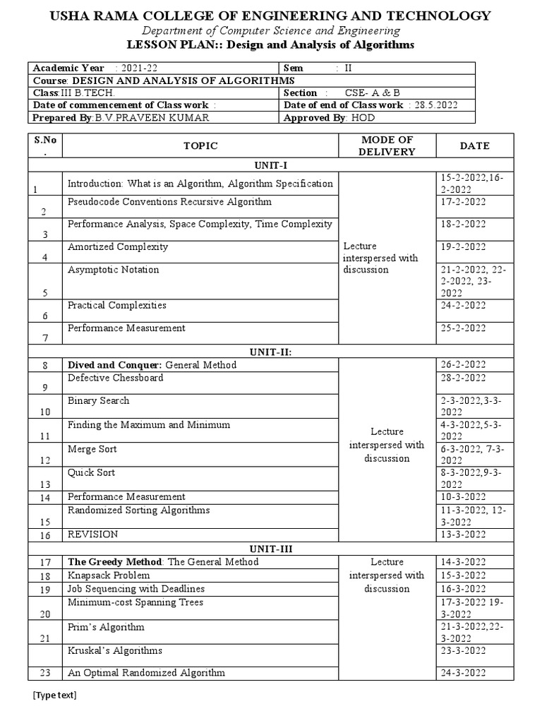 DAA Lesson Plan For CSE A & B 2022 | PDF | Combinatorics | Mathematical Analysis