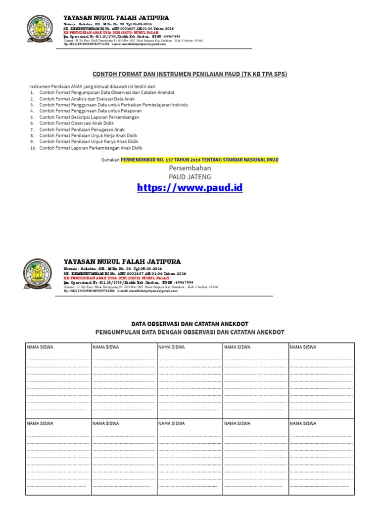 C.6 Format Evaluasi Penilaian Paud TK KB Tpa SPS | PDF