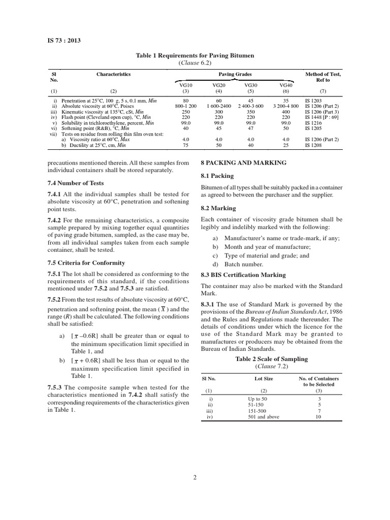 IS 73 (2013) - Paving Bitumen | PDF