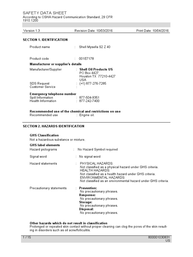 Shell Mysella S2 Z SAE 40 MSDS | PDF | Workplace | Working Conditions