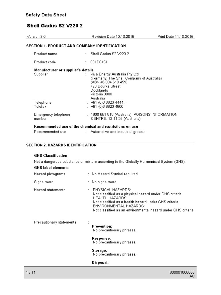 Shell-Gadus-S2-V220-2-Grease MSDS | PDF | Toxicity | Dangerous Goods