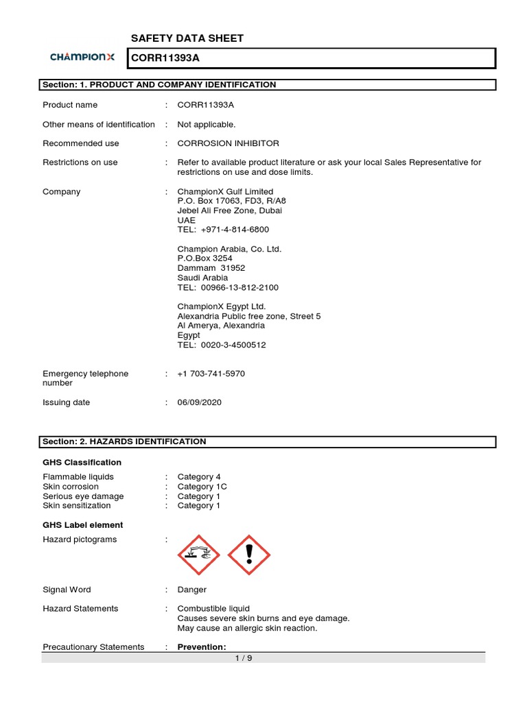 ChampionX CORR11393A Safety Data Sheet | PDF | Personal Protective ...