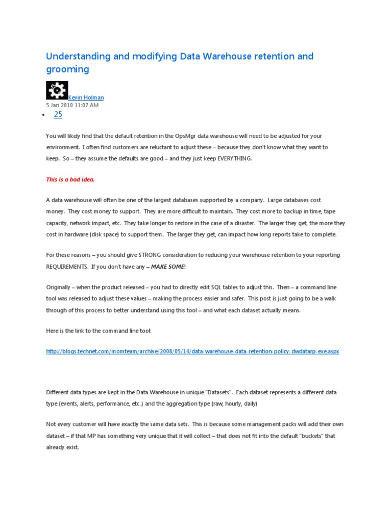 Scom Understanding And Modifying Data Warehouse Retention And Grooming Pdf Windows Vista