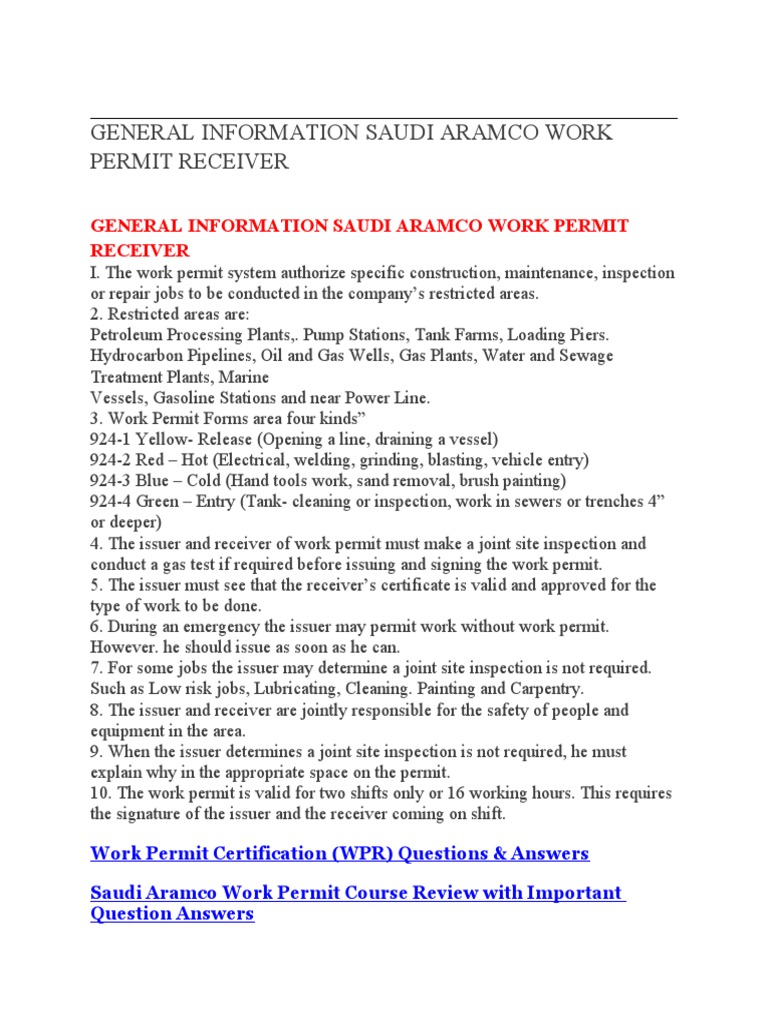 General Information Saudi Aramco Work Permit Receiver | PDF | Petroleum ...