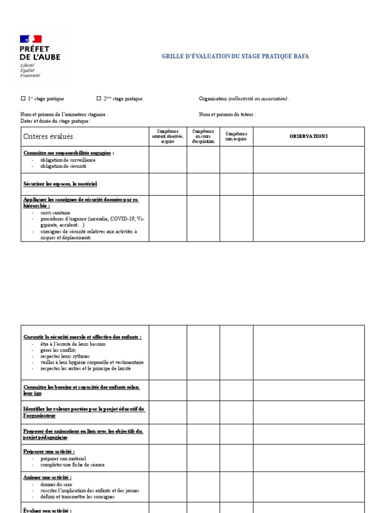 Grille D Valuation Du Stage Bafa 19751 | PDF