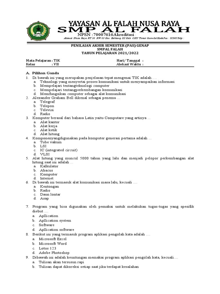 Soal UAS TIK Kelas 7 Tahun 2021-2022 | PDF