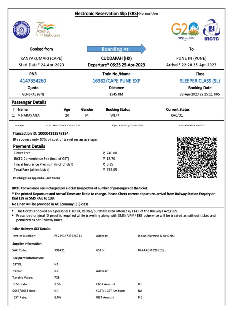 16382/cape Pune Exp Sleeper Class (SL) | PDF | Identity Document